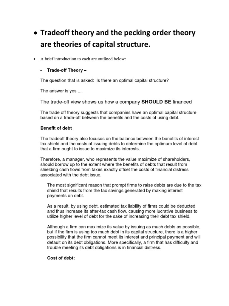Tradeoff Theory and The Pecking Order Theory Are Theories of Capital Structure | PDF | Capital ...