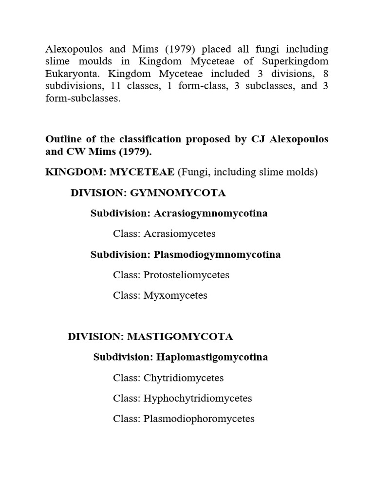 Alexopoulos and Mims Fungi Classification | PDF