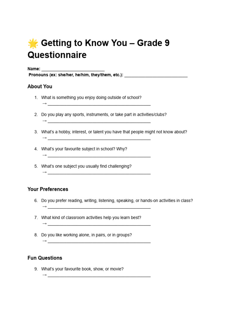 Grade 9 Student Biography Questionnaire | PDF