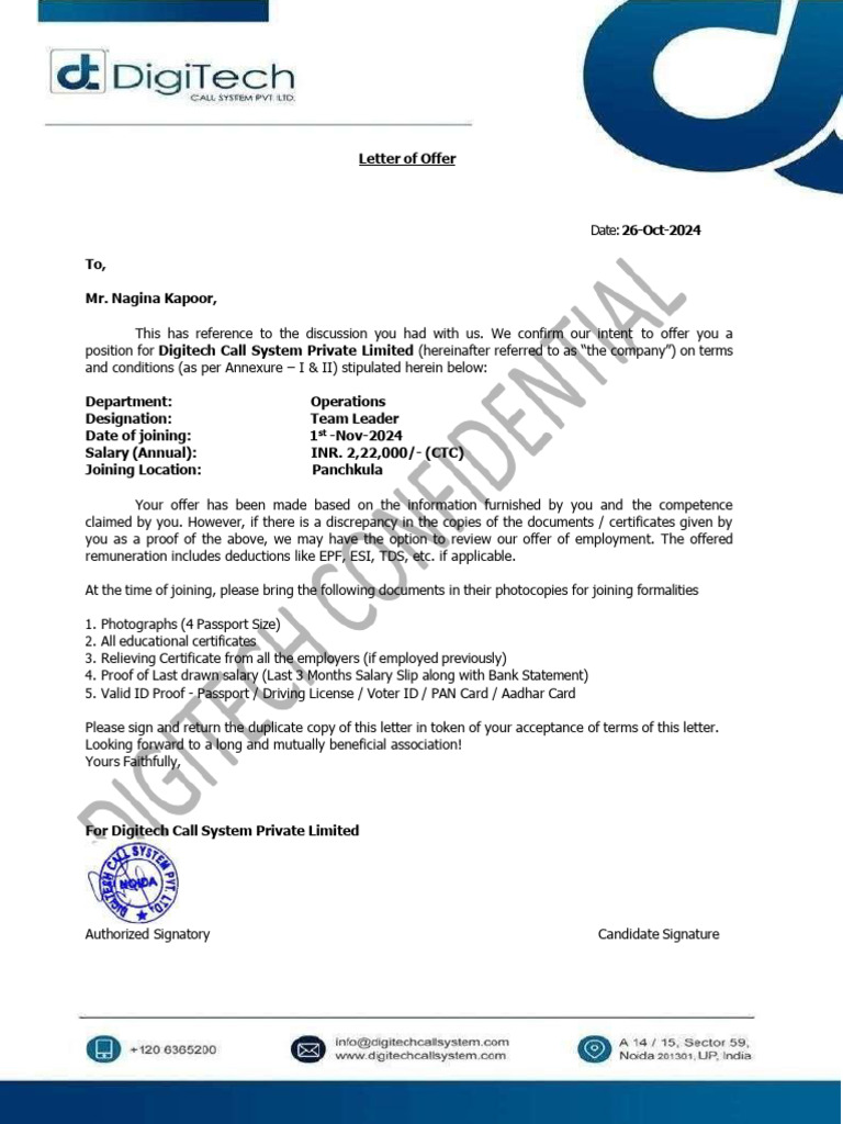 Nagina Kapoor Offer Letter Oct 24 | PDF