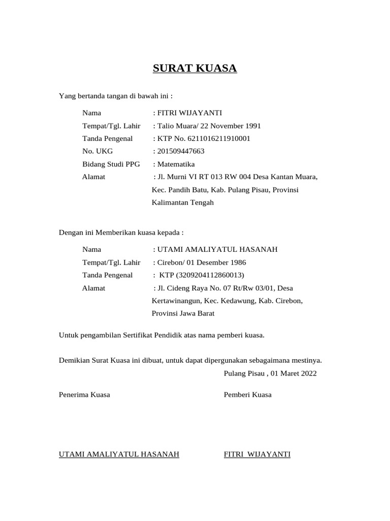 Surat Kuasa Pengambilan Sertifikat Pendidik | PDF