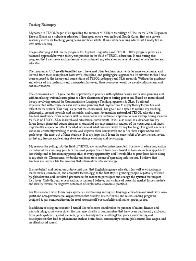 Teaching Philosophy Pdf English As A Second Or Foreign Language