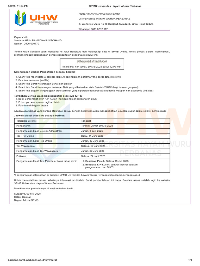 SPMB Universitas Hayam WUruk Perbanas | PDF