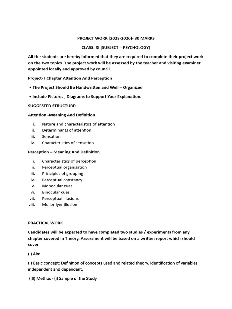 Class XI Psychology Project Guidelines | PDF | Perception | Attention