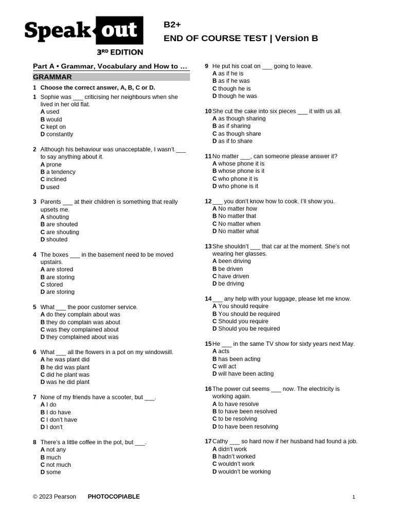 B2+ End of Course Test: Grammar & Vocabulary | PDF | Second Language