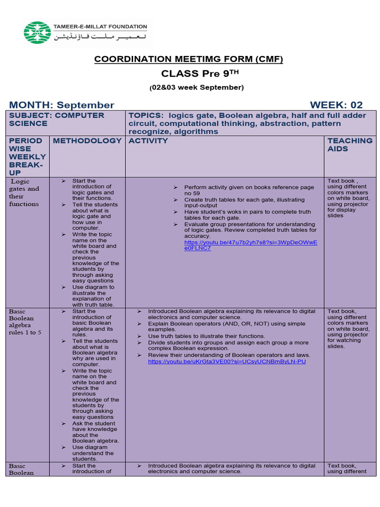 Class Pre 9th CMF Computer 2&3 Week September | PDF | Boolean Algebra | Teaching Mathematics