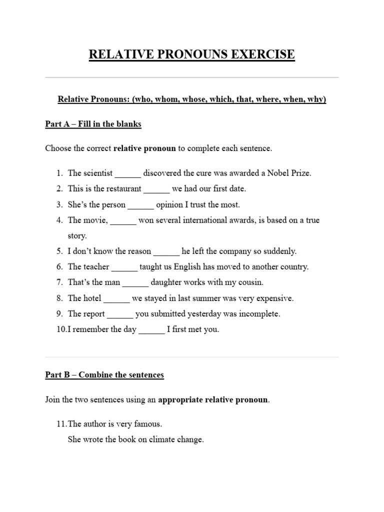 Relative Pronouns Practice Exercises | PDF