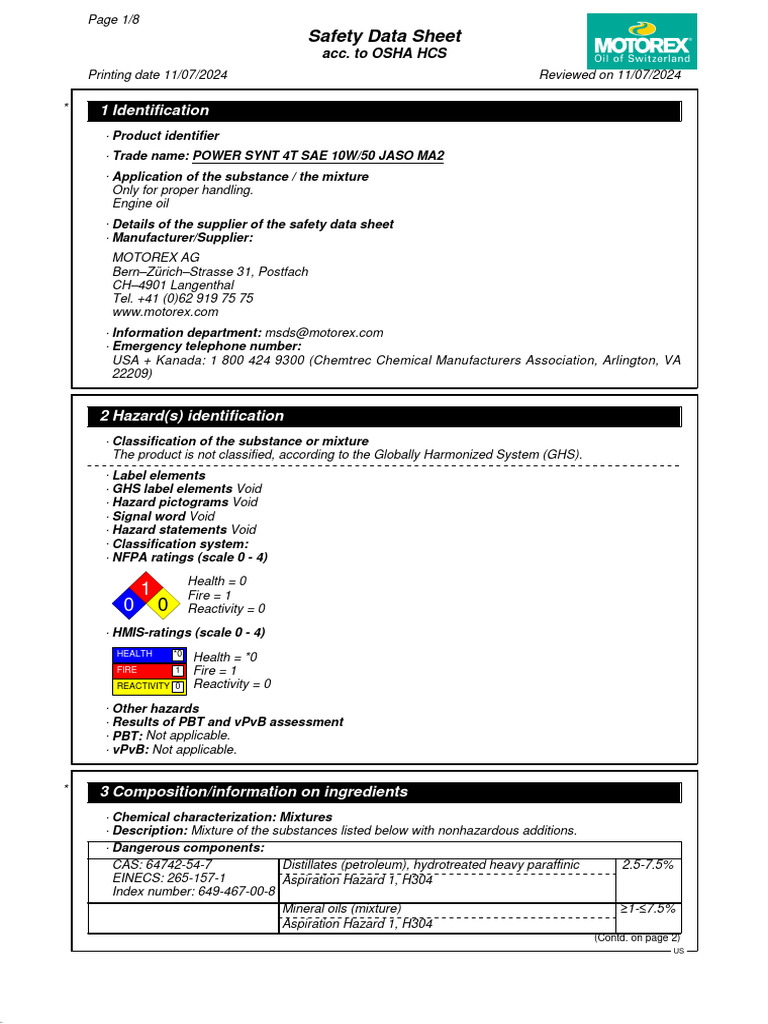POWER SYNT 4T SAE 10W/50 Safety Data Sheet | PDF | Chemistry ...