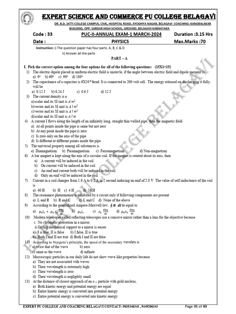 2nd PUC Physics Question Paper 2024 | PDF | Inductor | Mirror