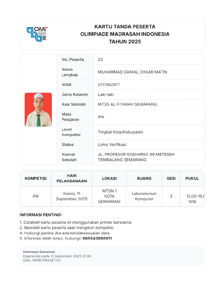 Kartu Peserta Muhammad Danial Chilmi Matin 2025 09 06 | PDF