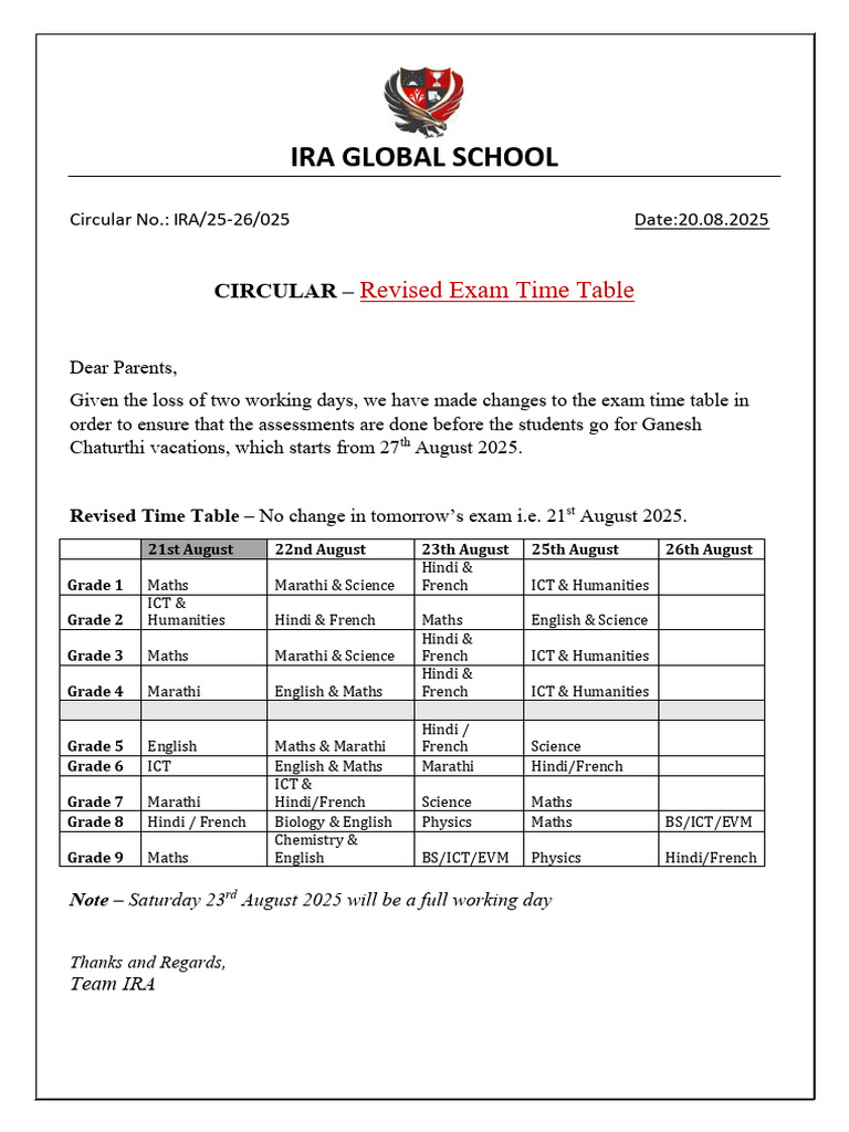 Revised Exam Time Table for IRA School | PDF