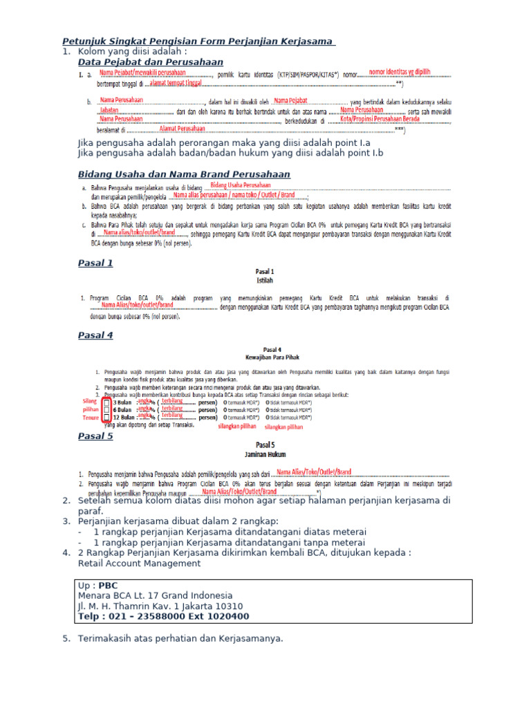 Petunjuk Singkat Pengisian Form Perjanjian Kerjasama | PDF