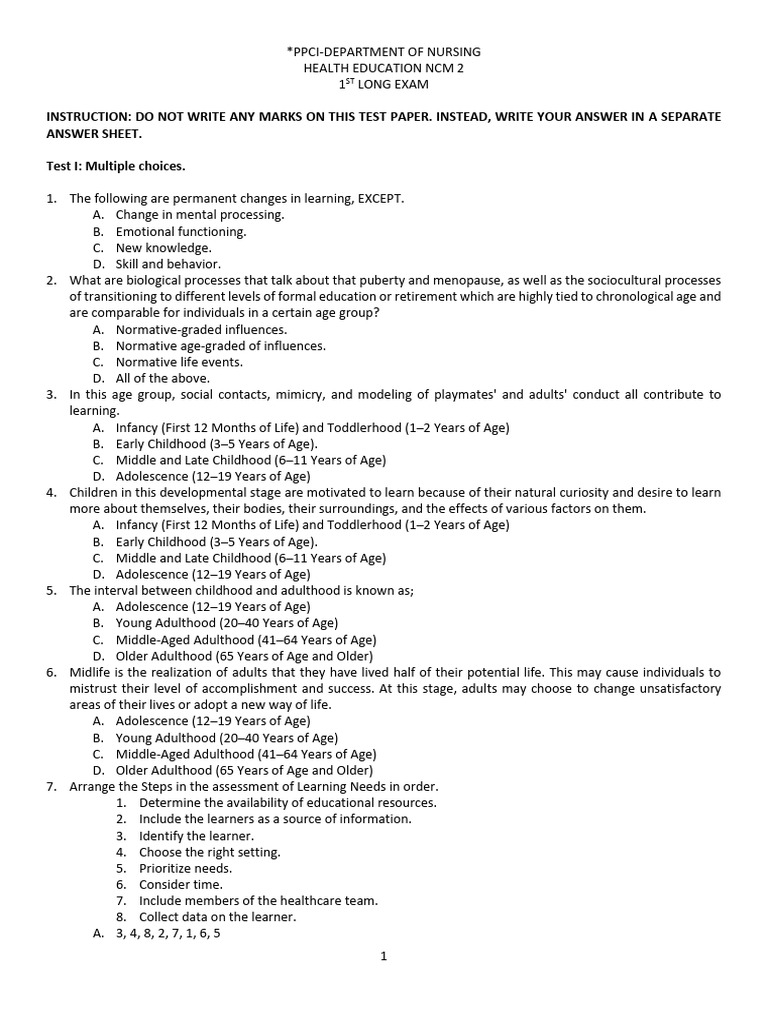 Exam Health Eduction - Set A | PDF | Classical Conditioning | Learning