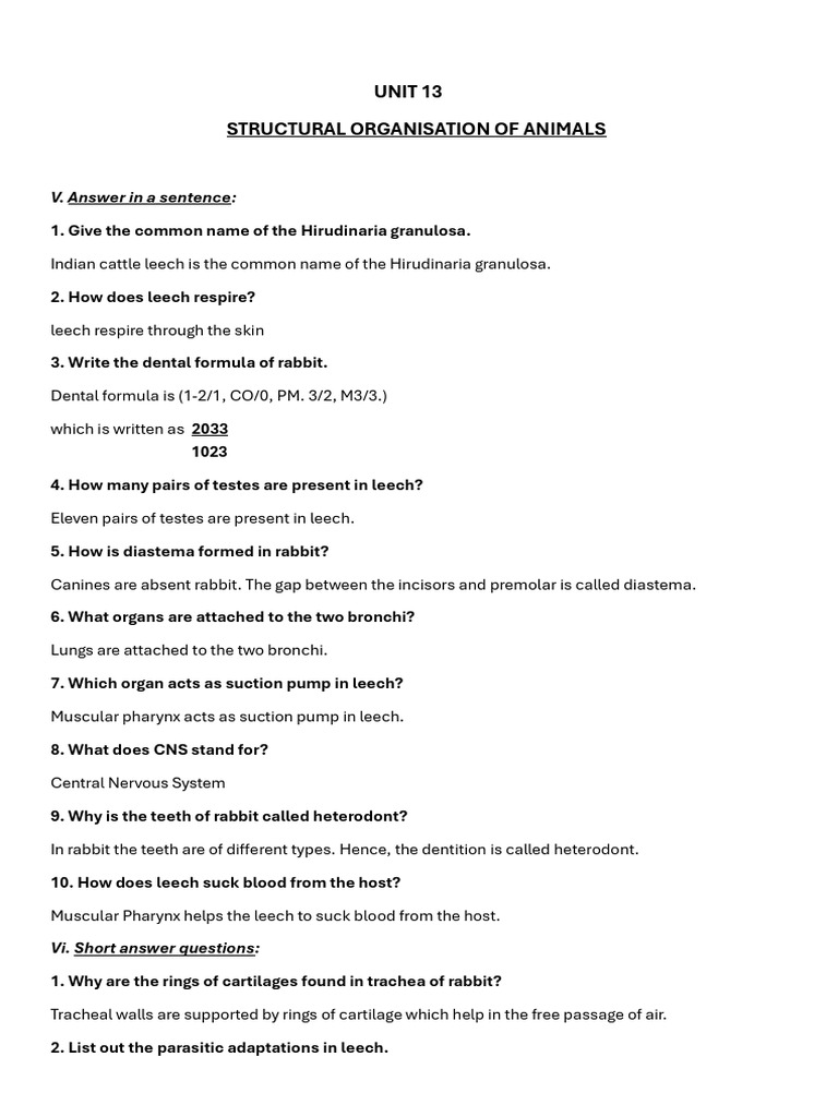 Unit 13 STRUCTURAL ORGANISATION OF ANIMALS | PDF | Digestion | Tooth