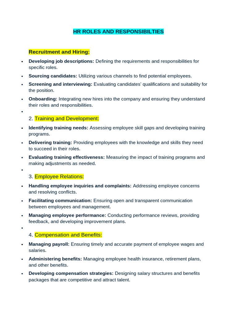 HR Roles and Responsibilities | PDF | Employment | Recruitment