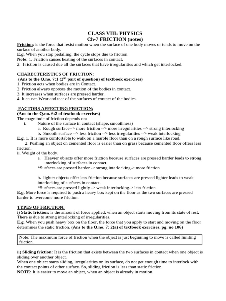 Class Viii: Physics Ch-7 FRICTION (Notes) | PDF | Friction | Lubricant