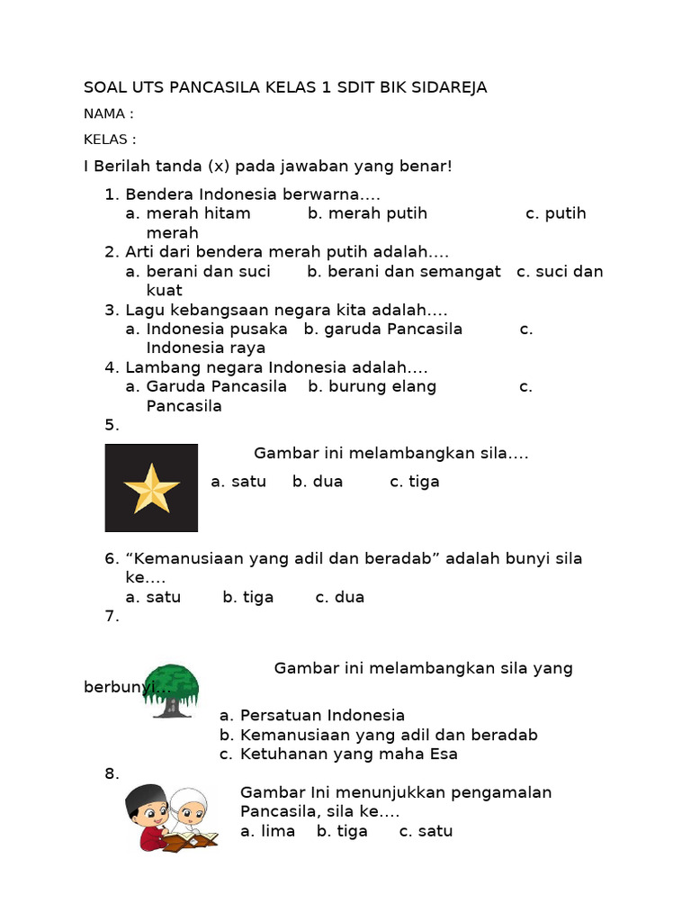 Soal Uts Pancasila Kelas 1 Sdit Bik Sidareja | PDF