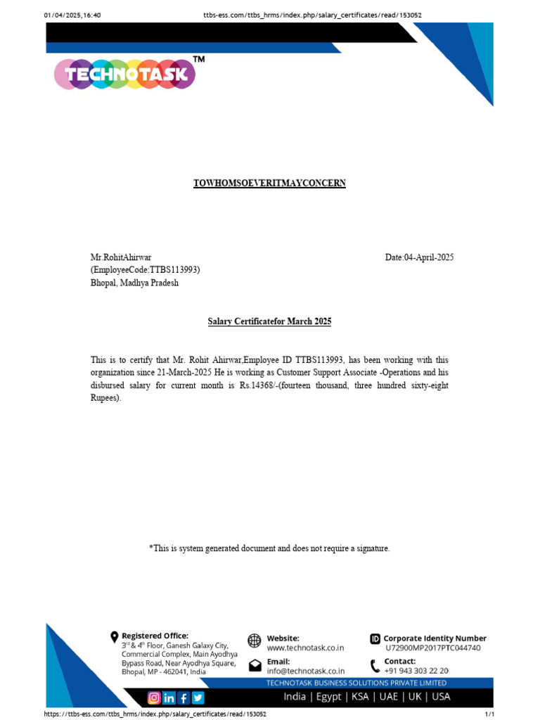 Salary Certificate for Rohit Ahirwar | PDF