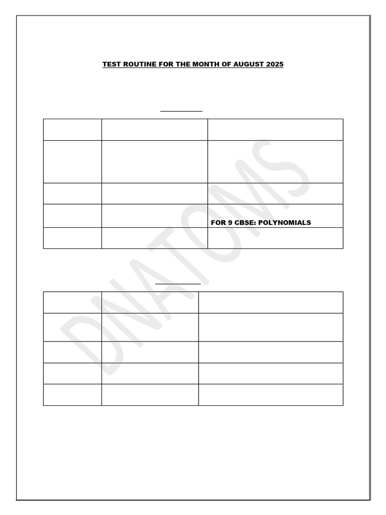 August 2025 Test Schedule for ICSE/CBSE | PDF | Chemistry | Mathematics