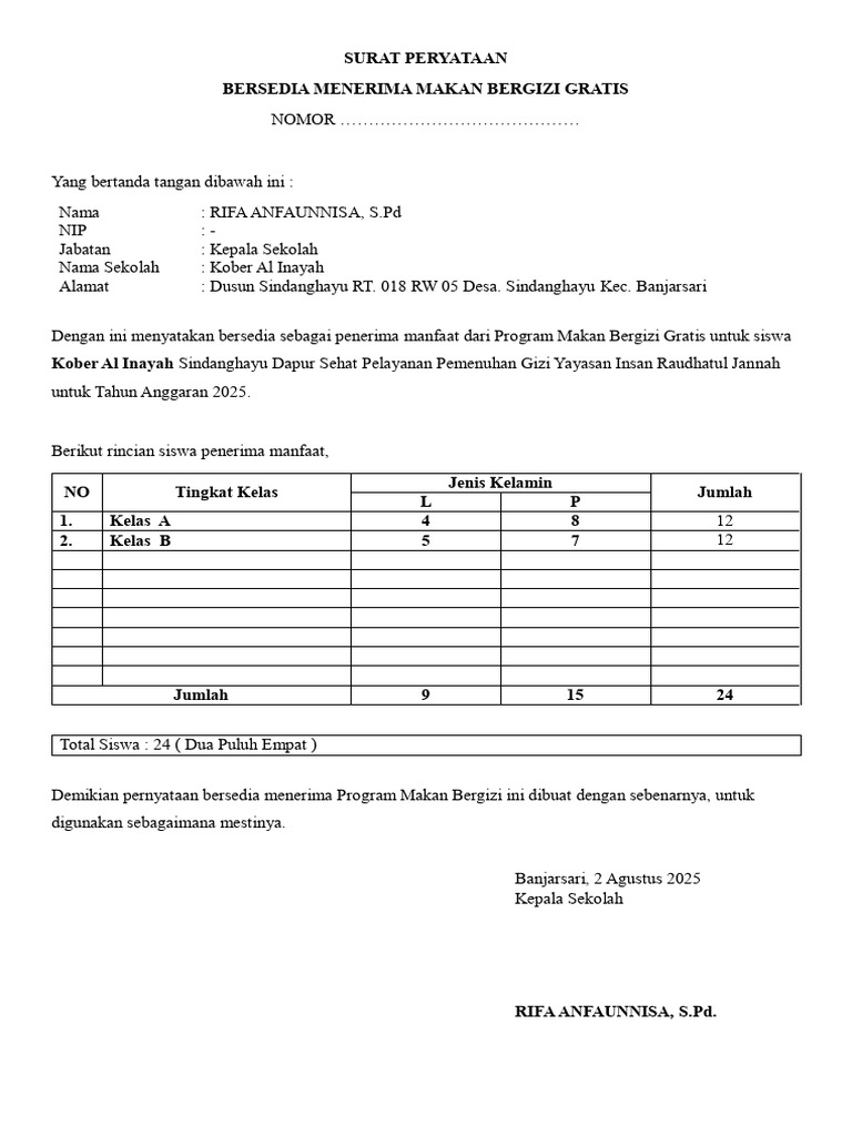 Surat Peryataan Program MBG | PDF
