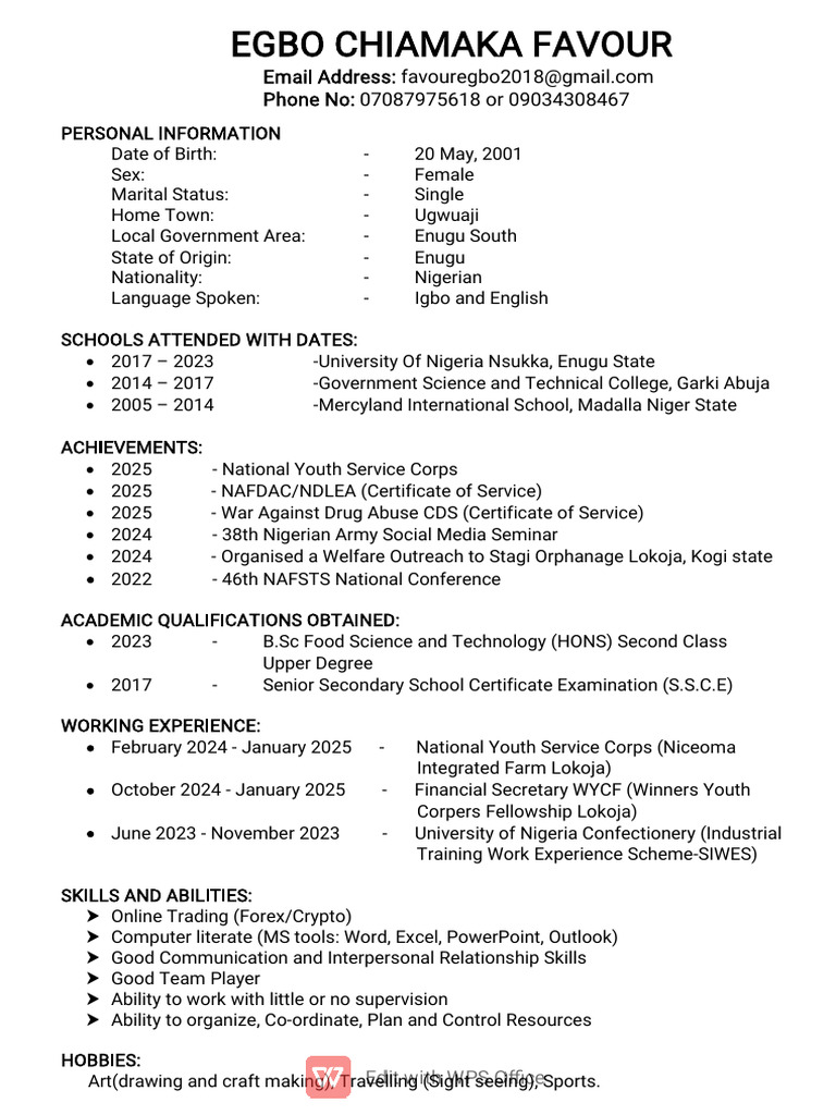 CV of Egbo Chiamaka Favour | PDF