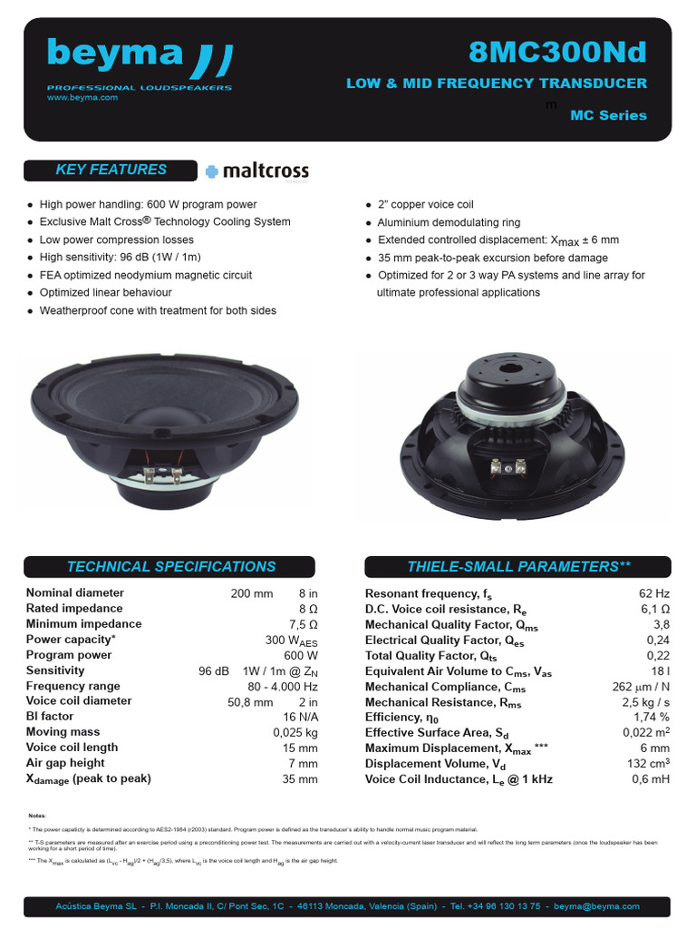 Beyma Speakers Data Sheet Low Mid Frequency 8MC300Nd | PDF | Inductor ...