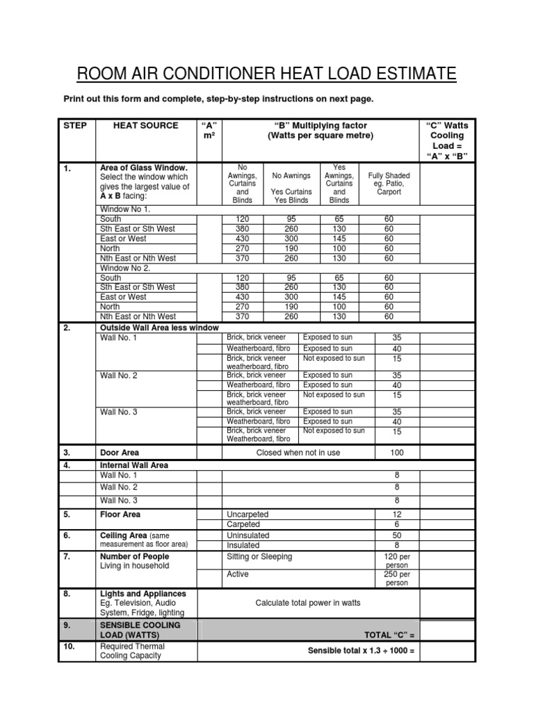 Room Aircon Heat Load Estimate Form | Download Free PDF | Window | Air ...