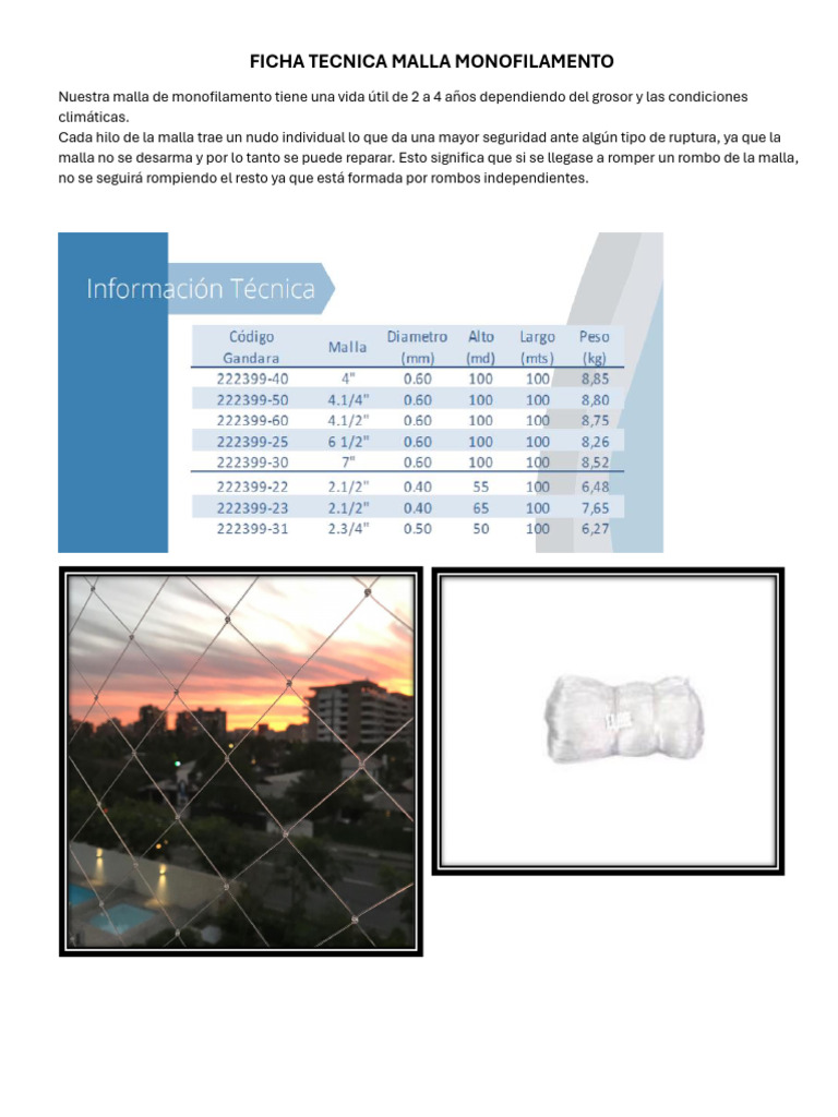 Ficha Tecnica Malla Monofilamento | PDF