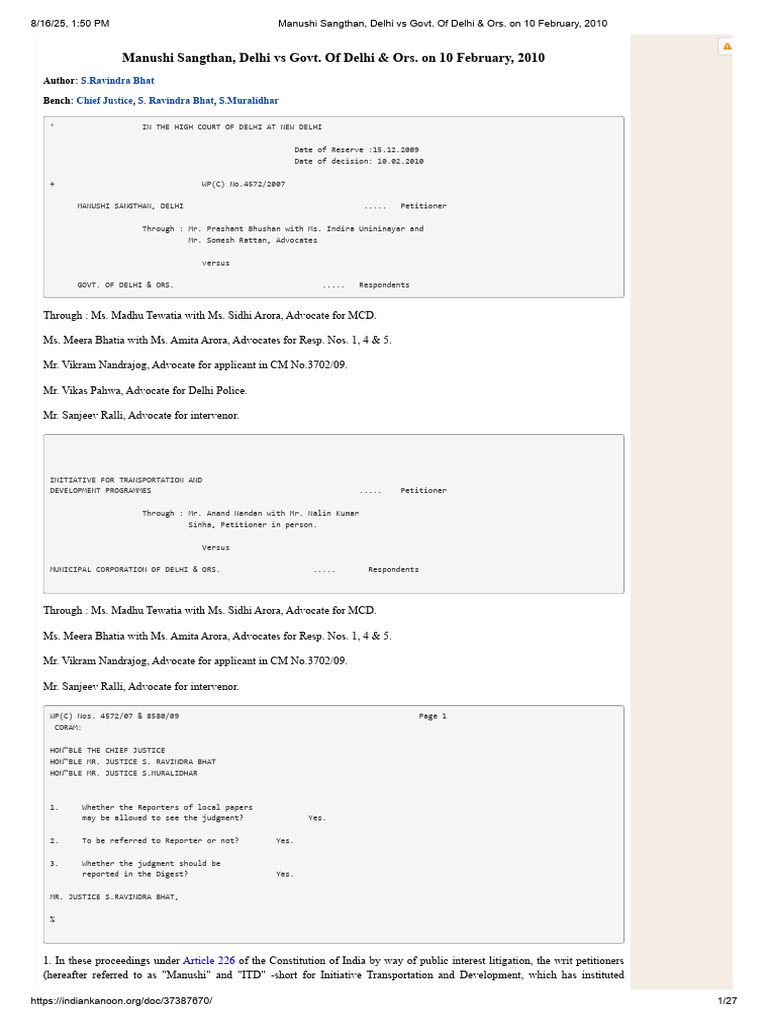 Manushi Sangthan, Delhi Vs Govt. of Delhi & Ors, 2010 | PDF | Road ...