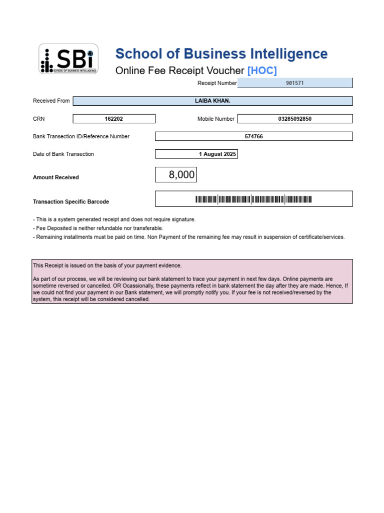 Online Fee Receipt for Business Course | PDF
