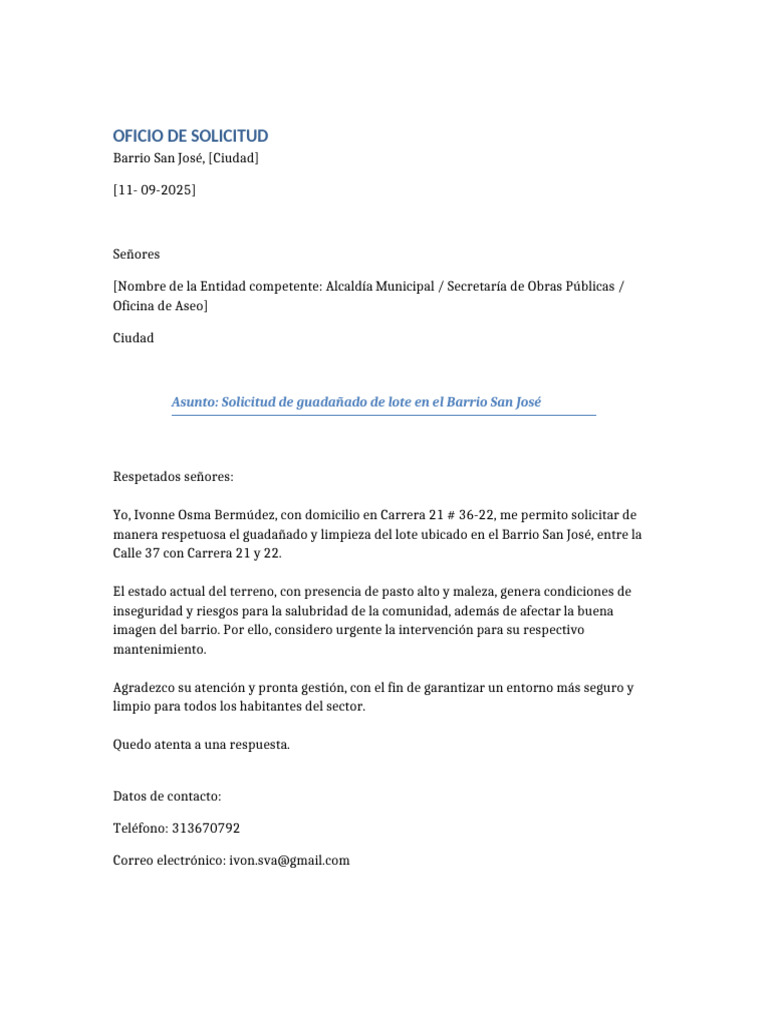 Solicitud Guadana Barrio San Jose | PDF