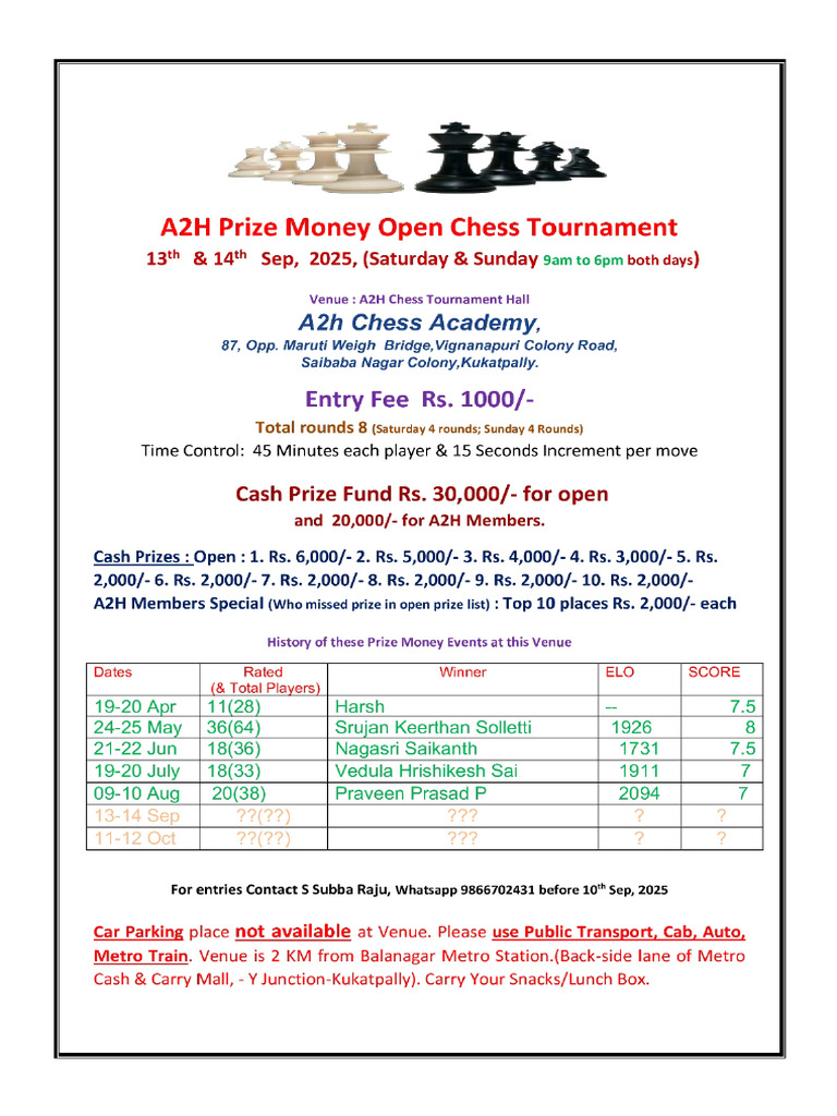 A2H Prize Money Open Chess Tournament 13-14th Sep 2025 Insta | PDF