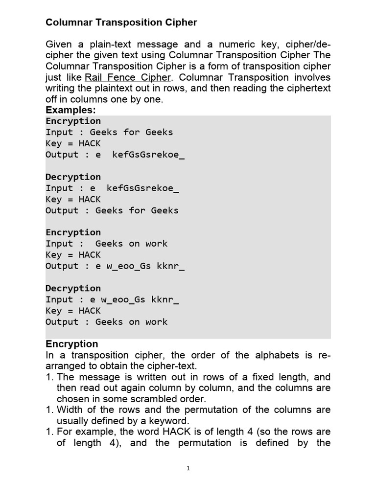 Columnar Transposition Cipher | PDF | Secrecy | Cyberwarfare