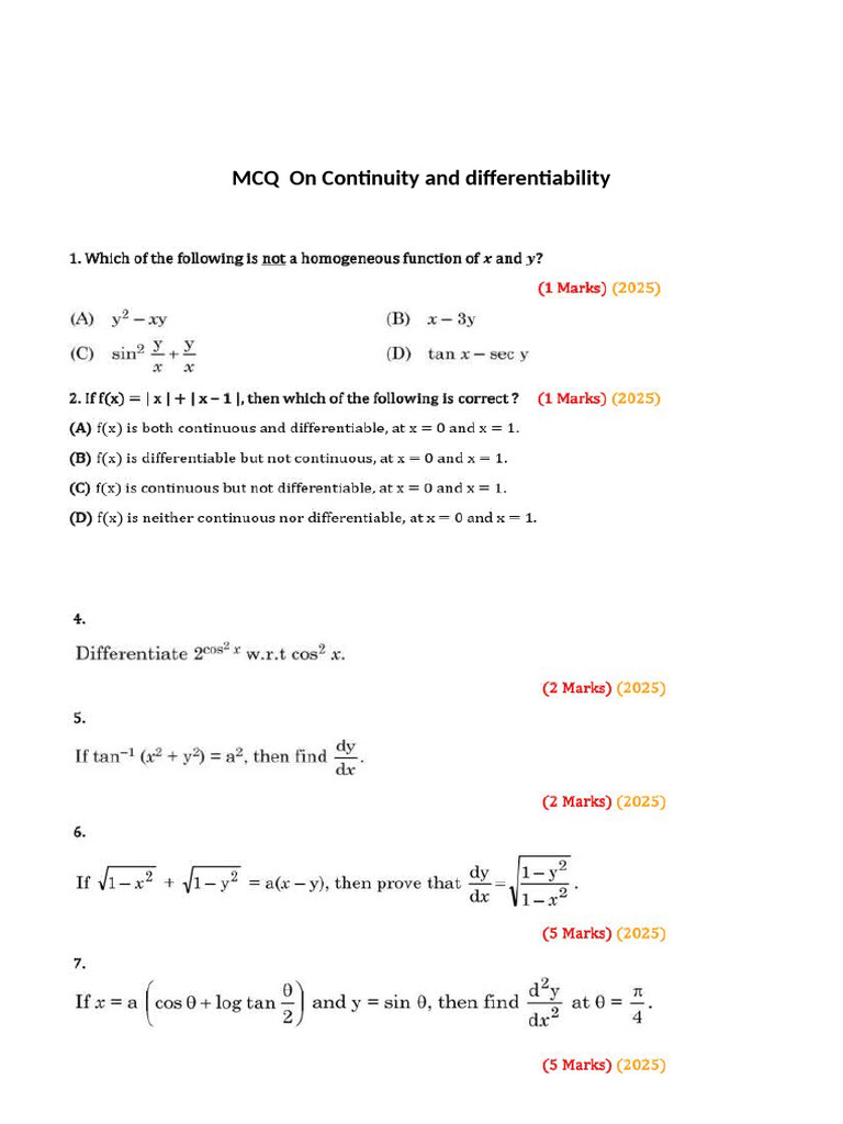 MCQ On Continuity and Differentiability | PDF