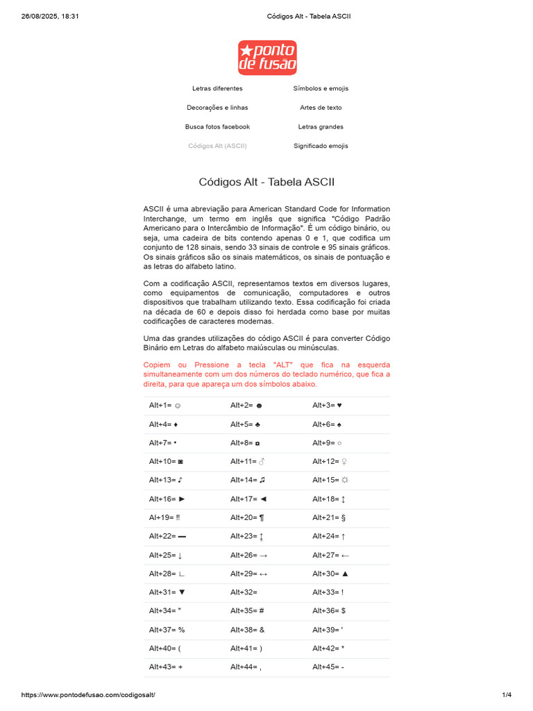 Códigos Alt e Tabela ASCII Completa | PDF | Ascii | Convenções de ...