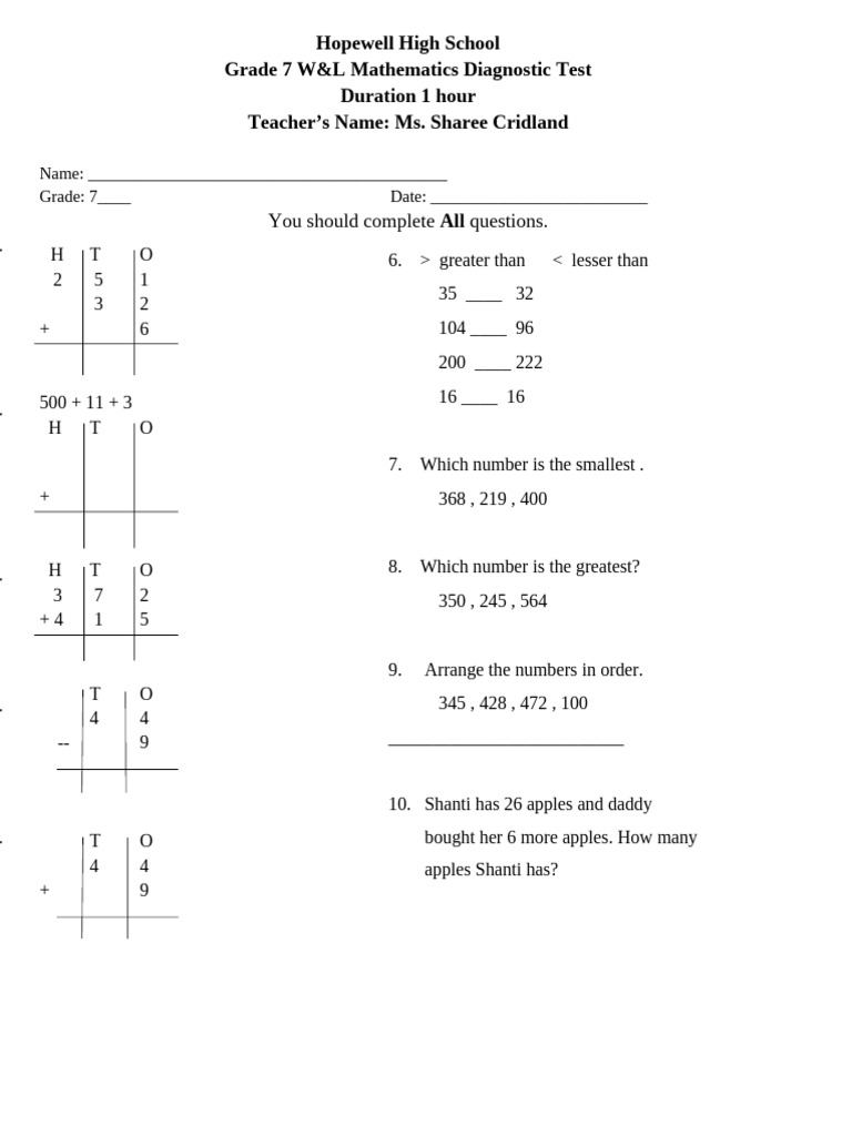Grade 7 Math Diagnostic Test | PDF