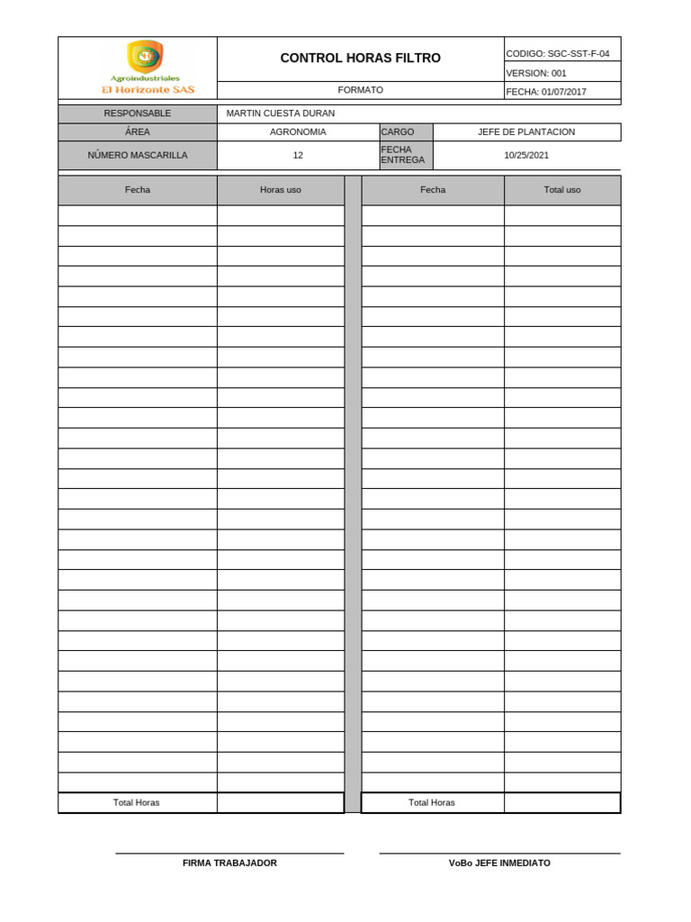 Control Horas Filtro | PDF