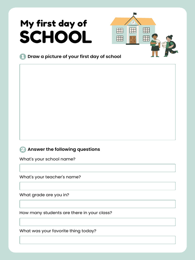 My First Day of School Worksheet in Colorful Simple Style PDF | PDF