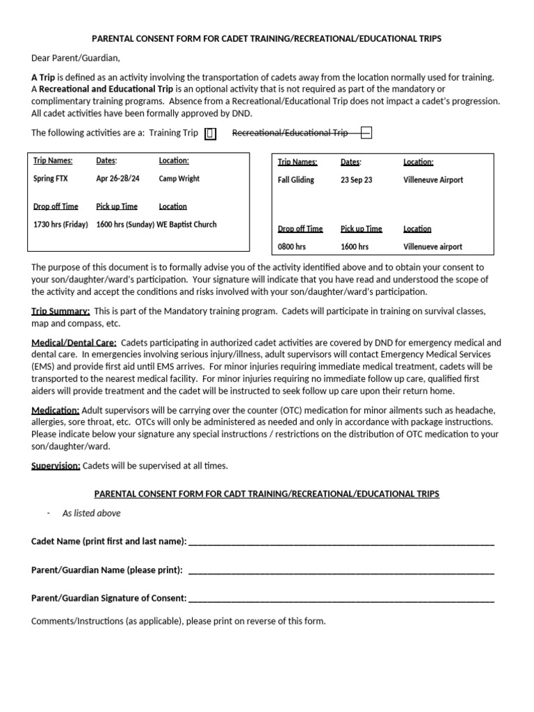 Cadet Trip Parental Consent Form | PDF | Emergency Medical Services ...