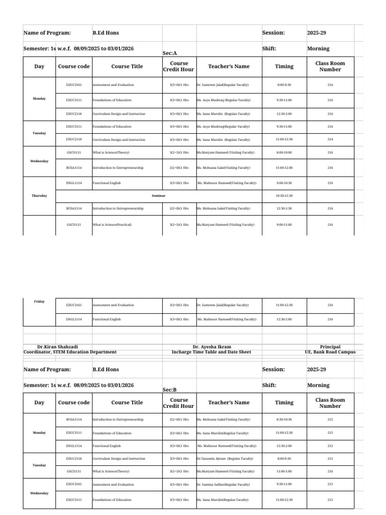 Time Table STEM-Fall 2025 (08-09-2025) - 9 | PDF | Course Credit | Learning