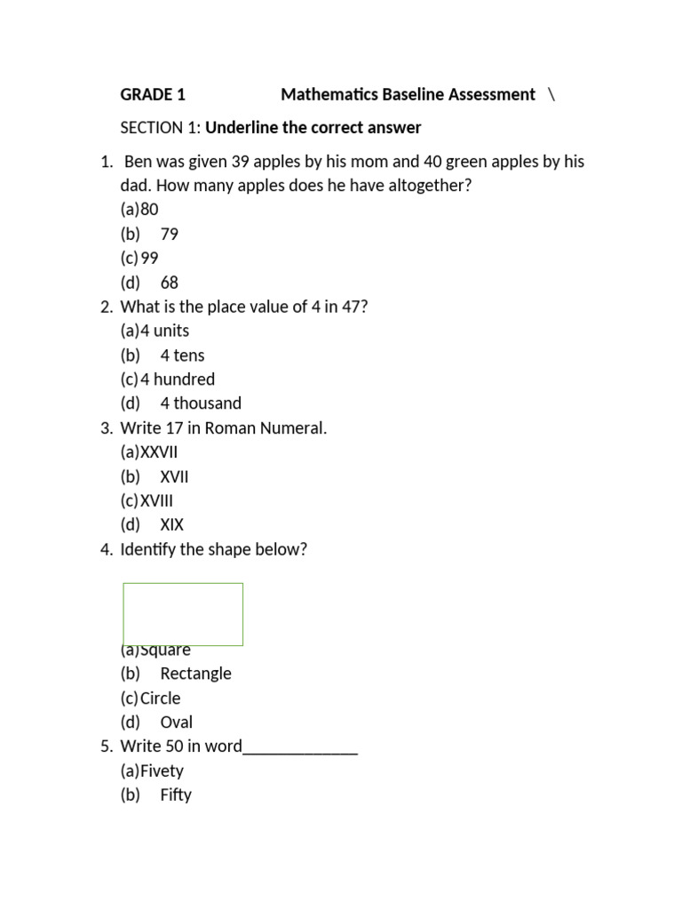 Grade 1 Math Baseline Assessment | PDF