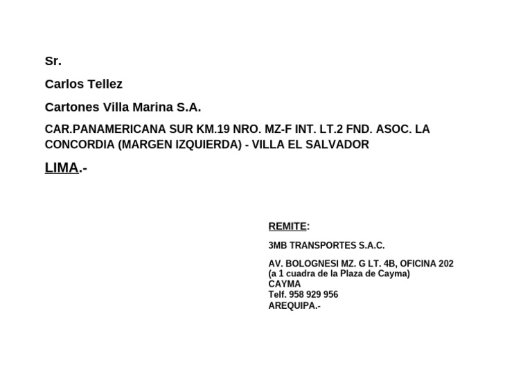 CARVIMSA Rotulo para El Envio A Lima | PDF