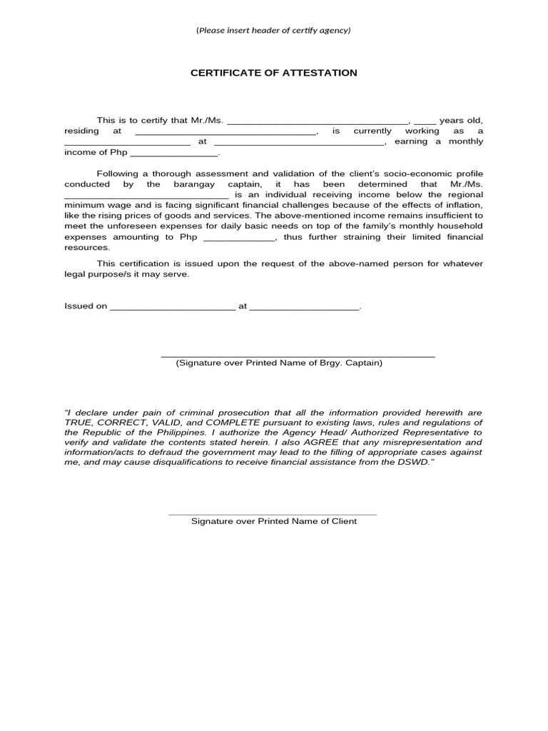 Certificate of Attestation for Low Income | PDF