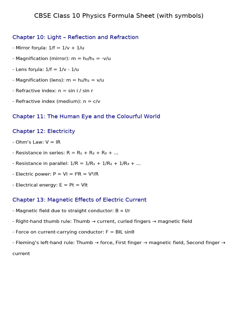 Class 10 Physics Formula Sheet | PDF