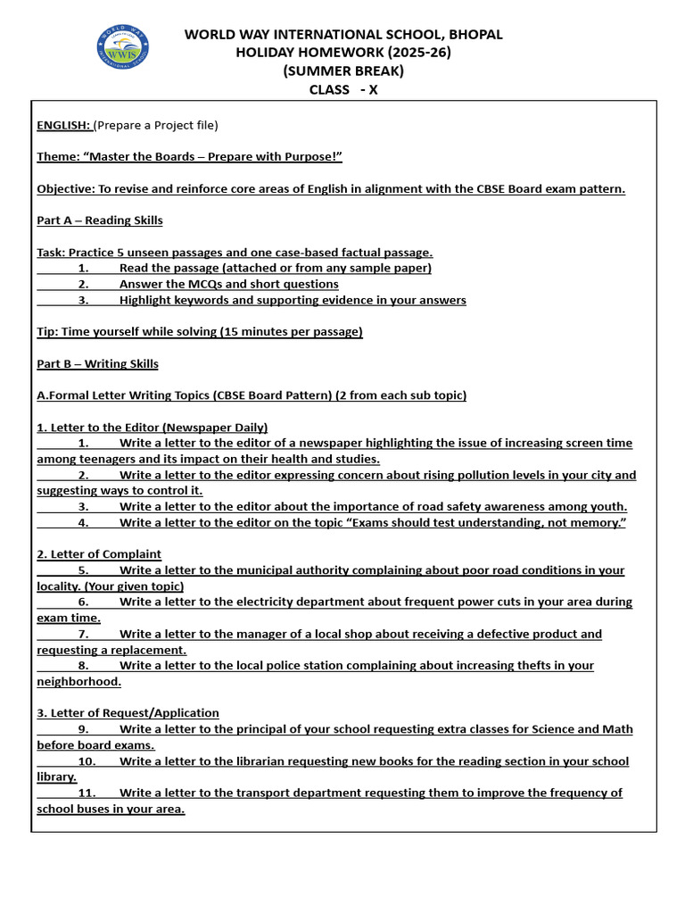 Class X Holiday Homework 2025-26 | PDF