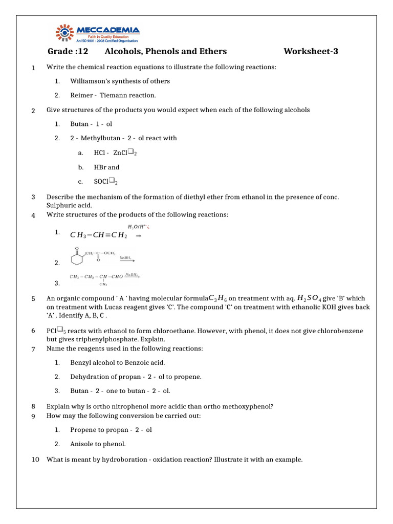 Alcohols Worksheet 3 | PDF