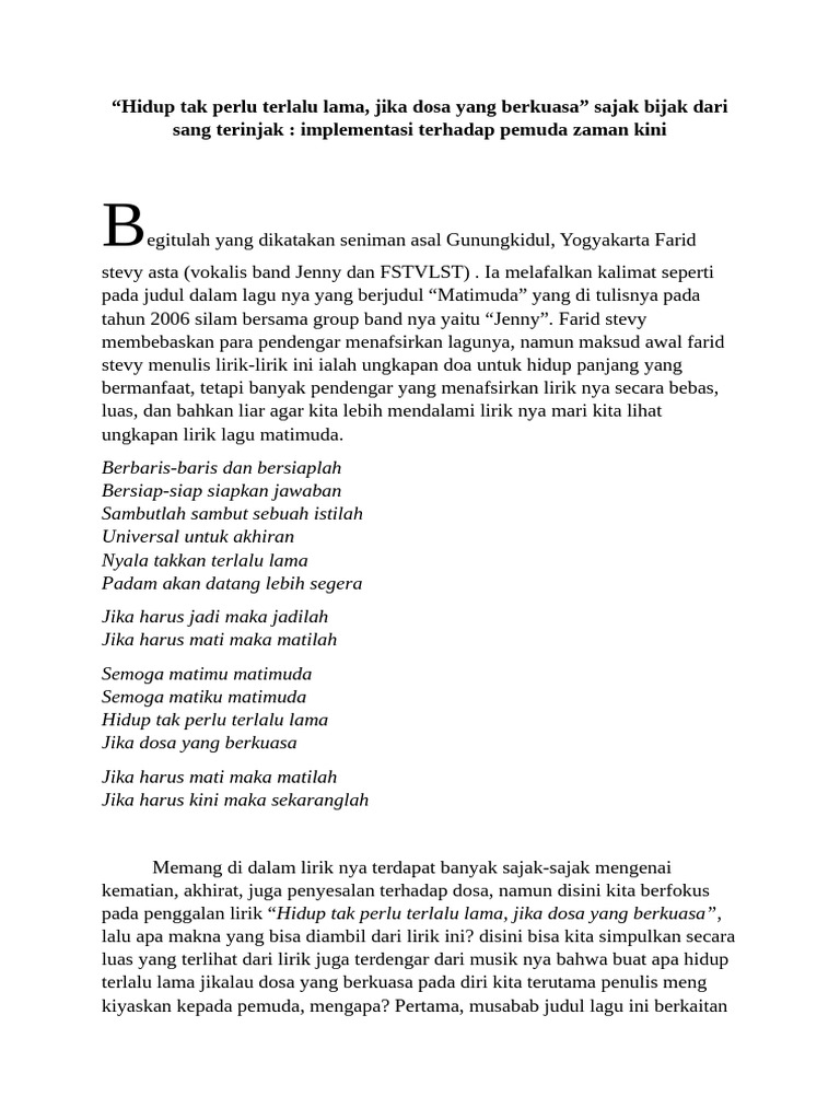 analisis lirik lagu matimuda terhadap kenakalan remaja by.aqila | PDF