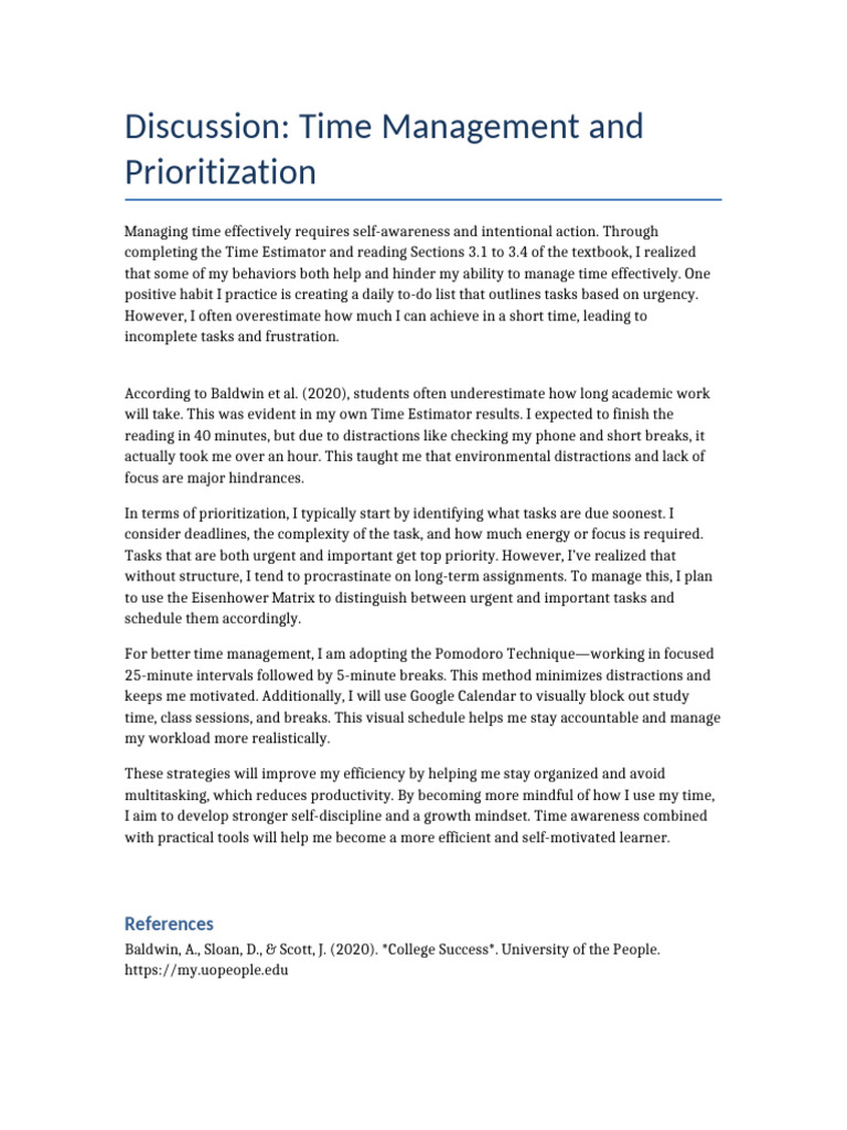 Time Management Discussion UoPeople | PDF