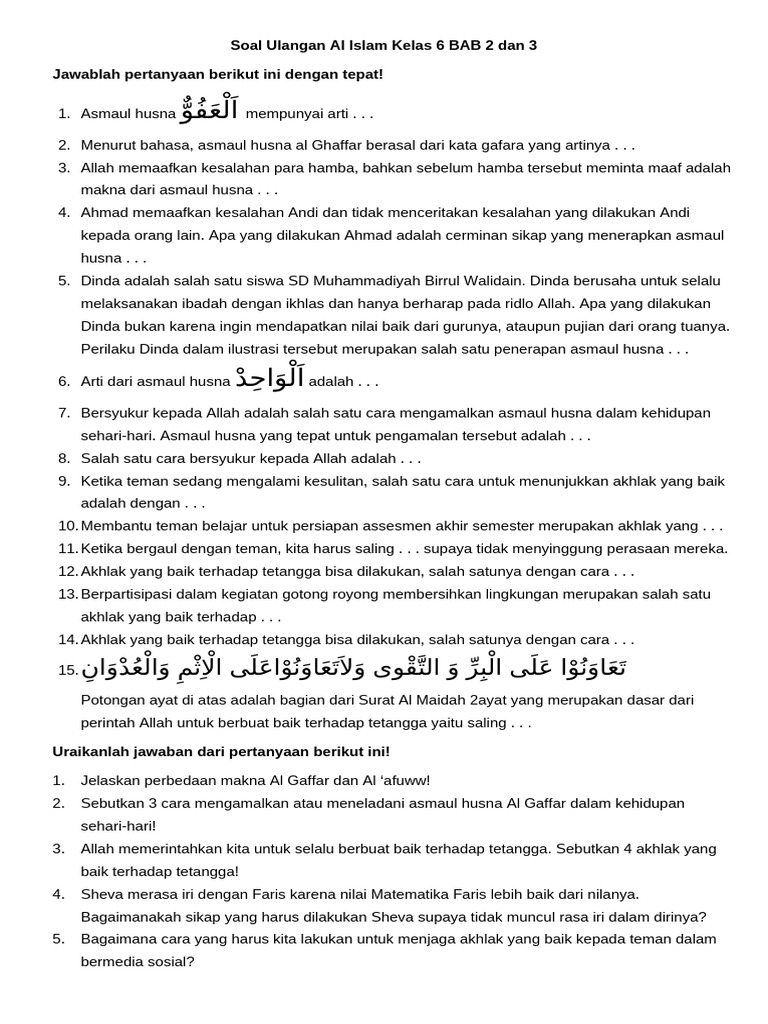 Soal Ulangan Al Islam Kelas 6 BAB 2 Dan 3 | PDF