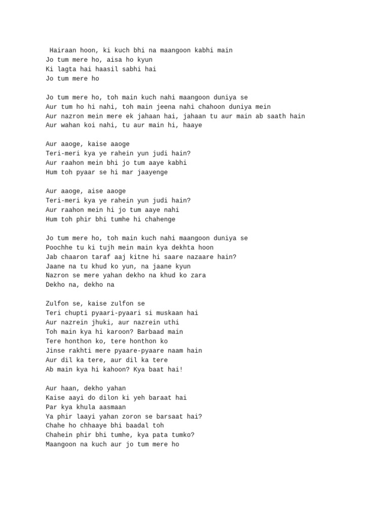 Jo Tum Mere Ho - Lyrics Analysis | PDF
